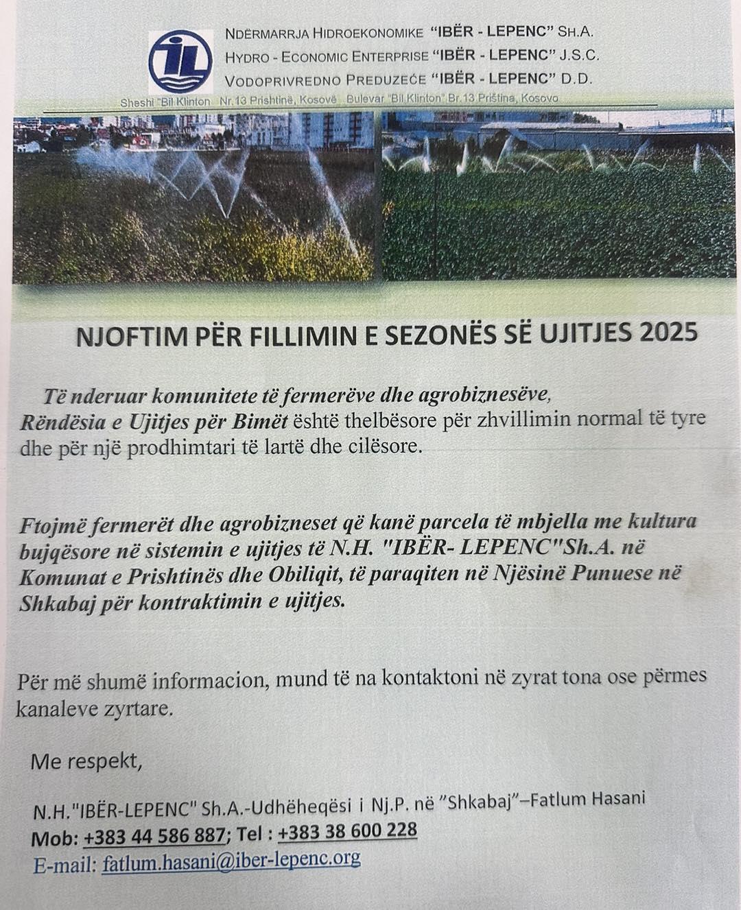 Njoftim për fillimin e sezonës së ujitjes 2025 - Komuna Obiliq